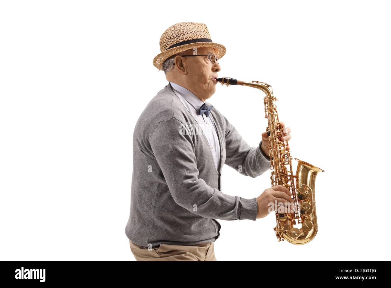 Senior man saxophone player isolated on white background Stock Photo ...