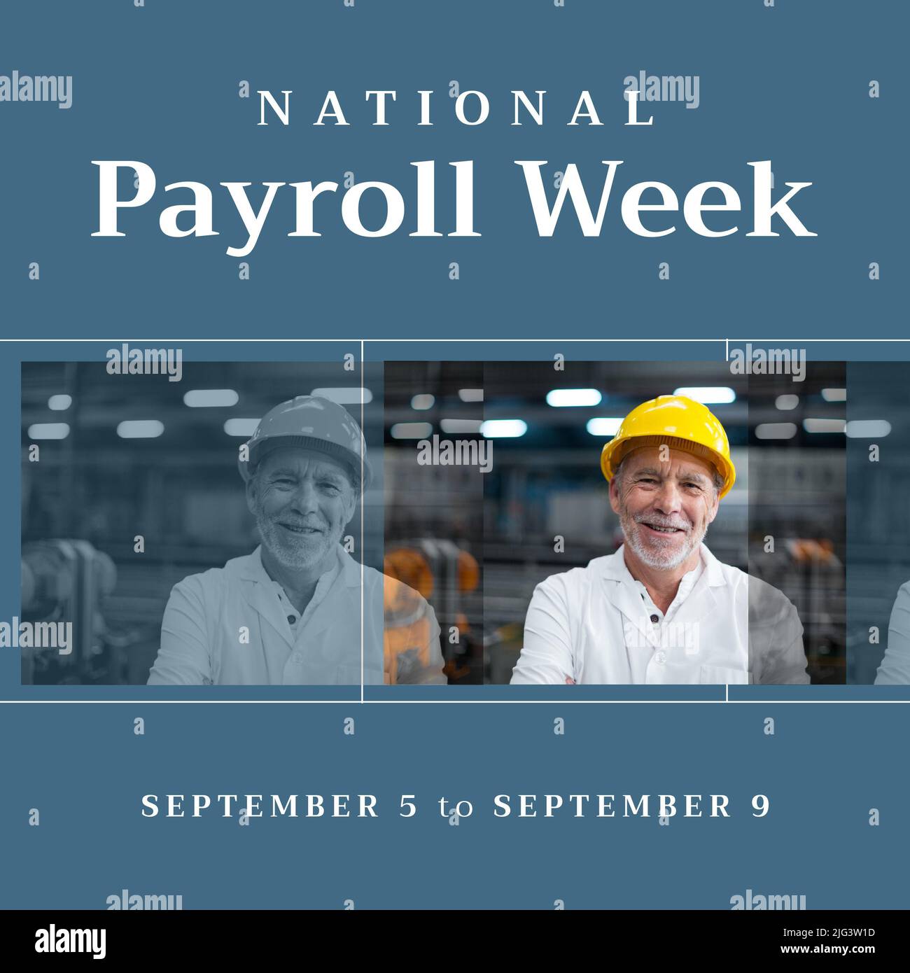 Image of national payroll week on blue stripe over happy senior ...