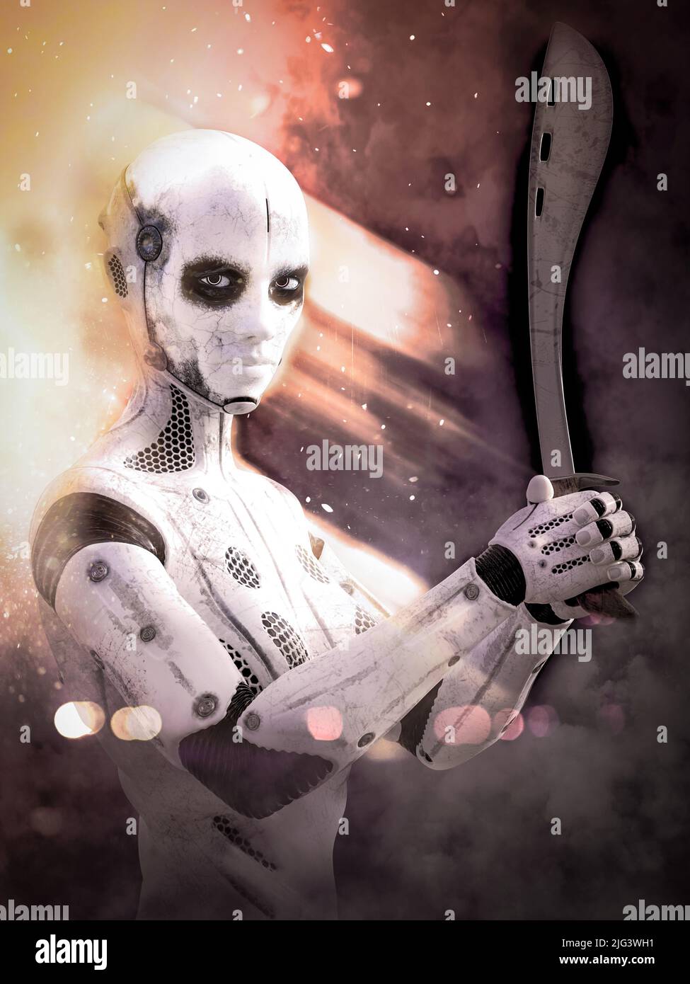 3D rendering of a robot woman holding a machete in her hands surrounded ...