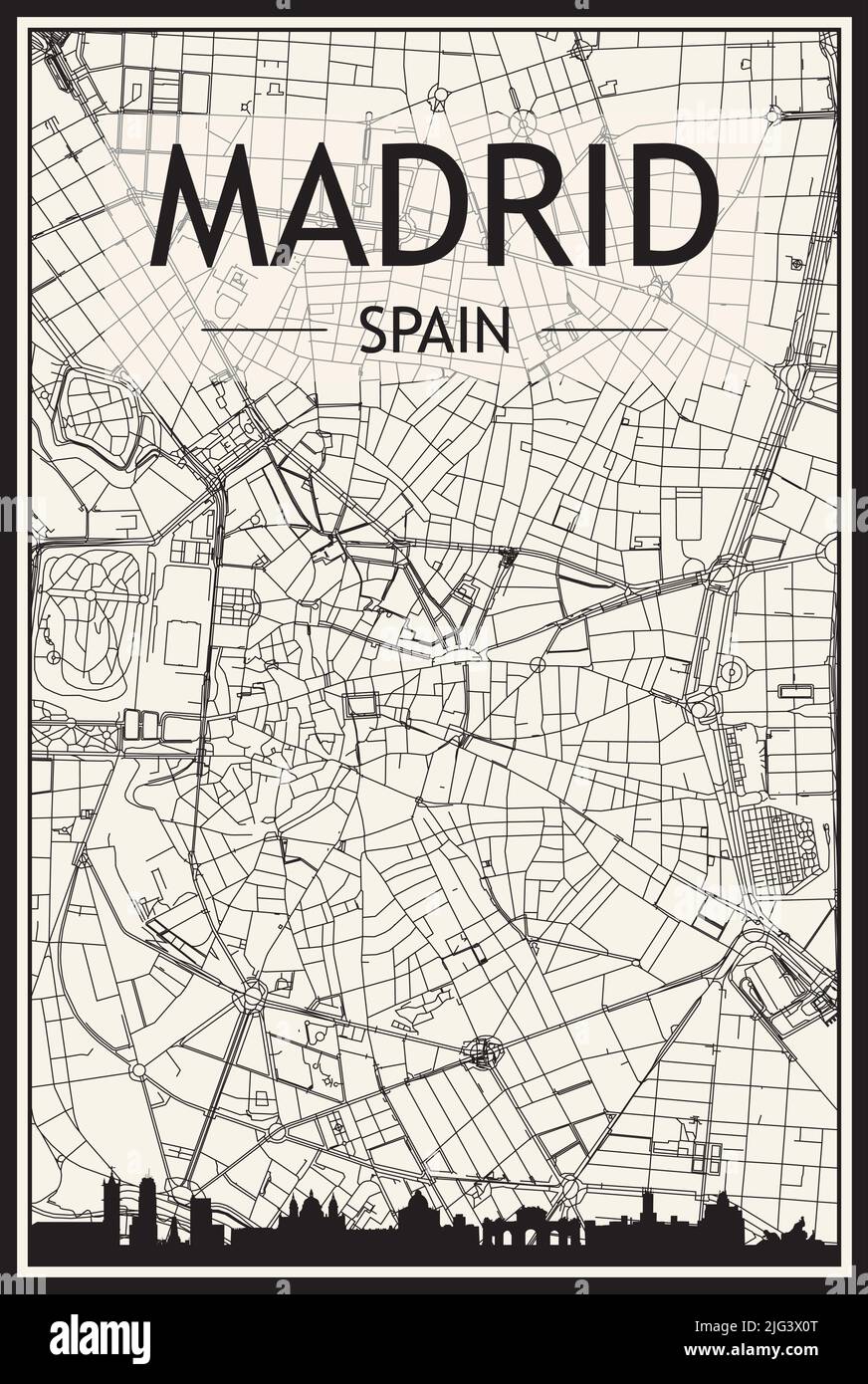 Light printout city poster with panoramic skyline and hand-drawn ...