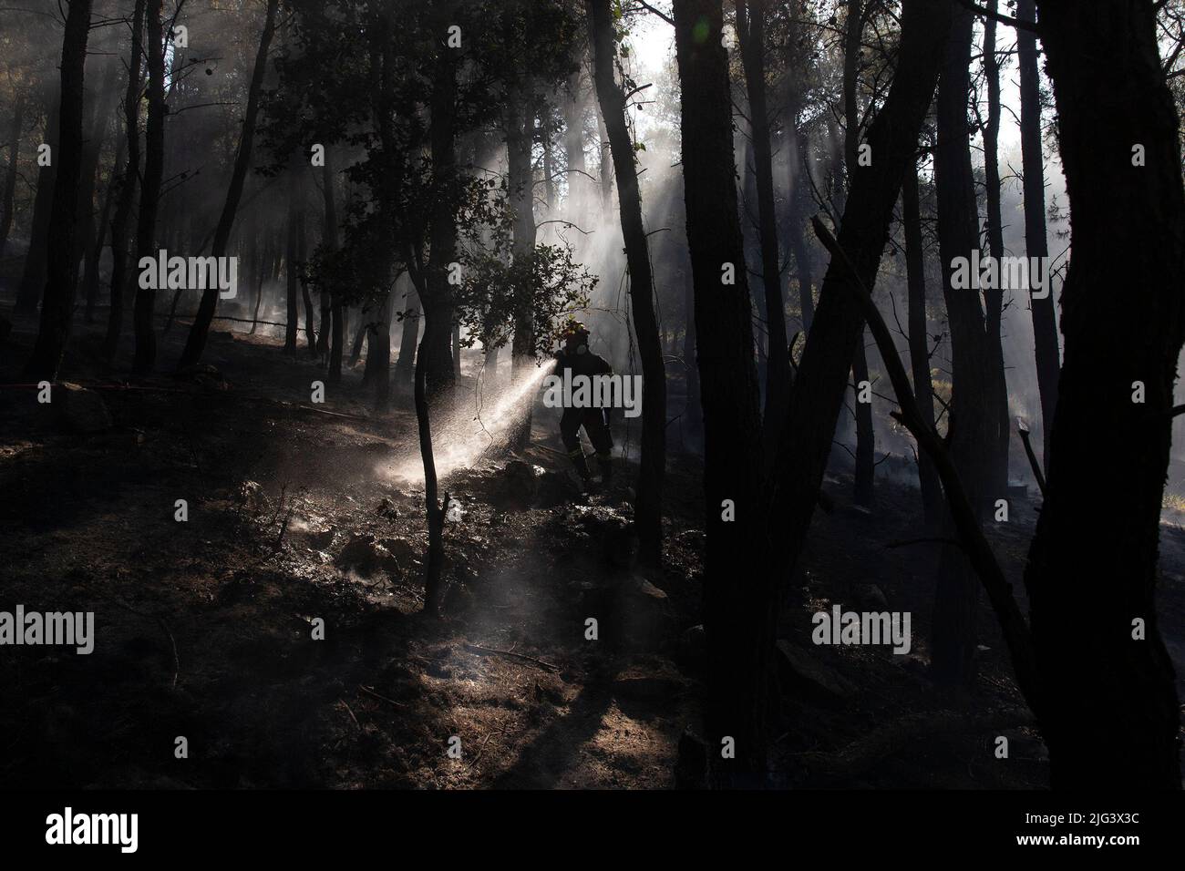 Porto Germeno, Greece. 5th July, 2022. A firefighter puts out fire in a ...