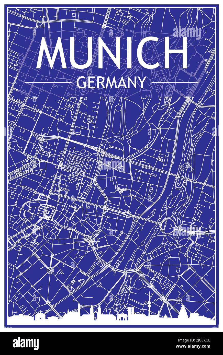 Technical drawing printout city poster with panoramic skyline and hand-drawn streets network on ...