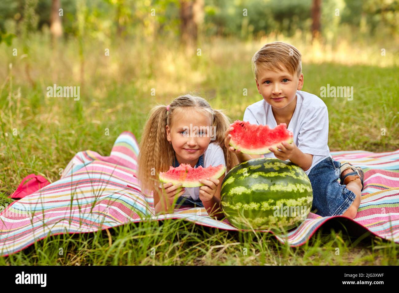 Kids eating watermelon in the park Stock Photo - Alamy