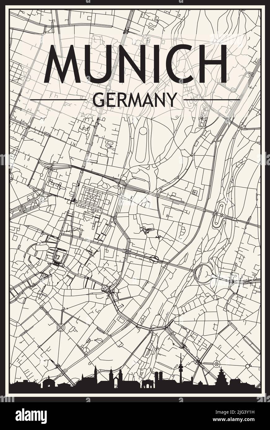 Light printout city poster with panoramic skyline and hand-drawn streets network on vintage ...