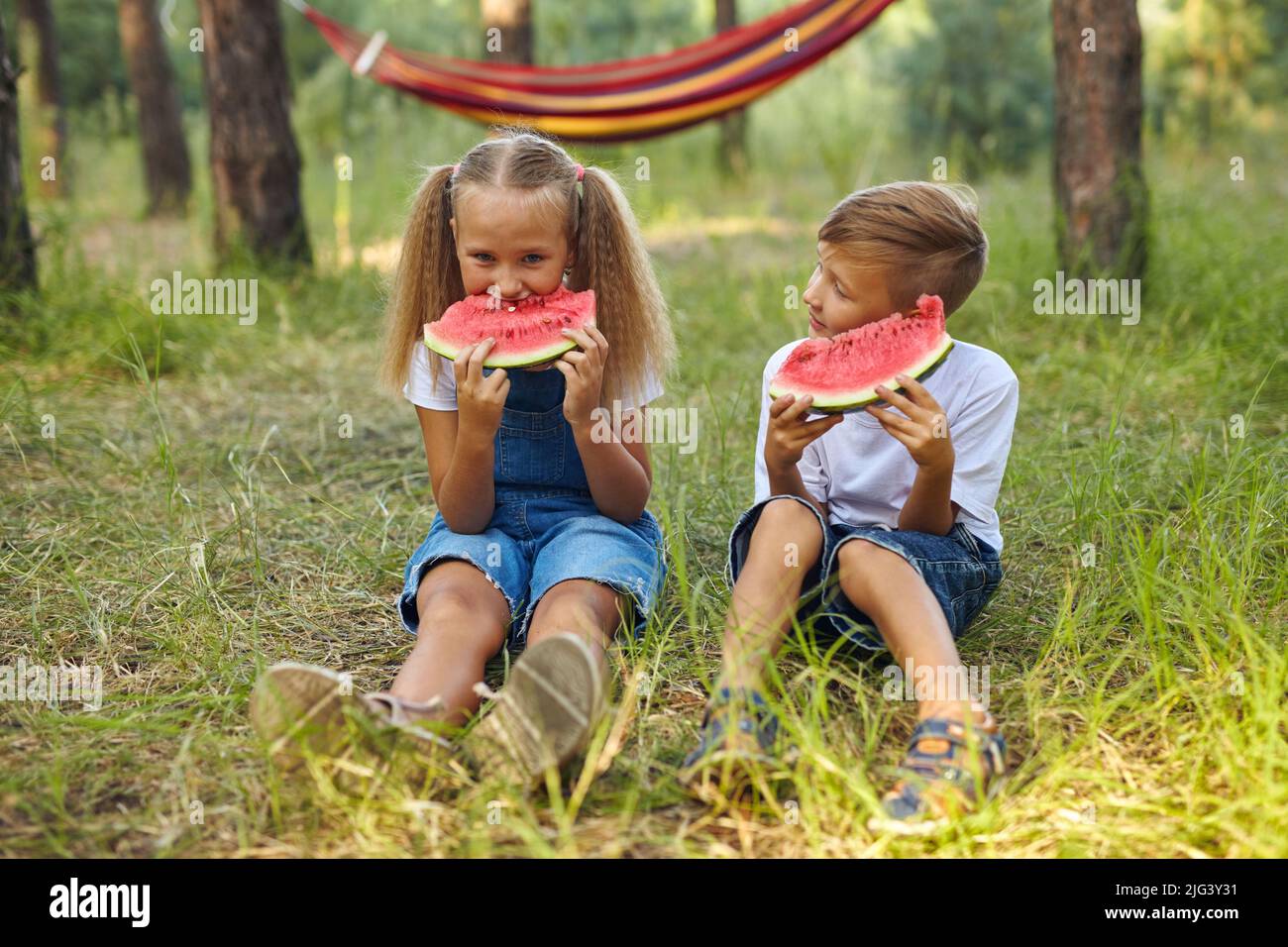 Cute kids eating watermelon in the garden Stock Photo - Alamy