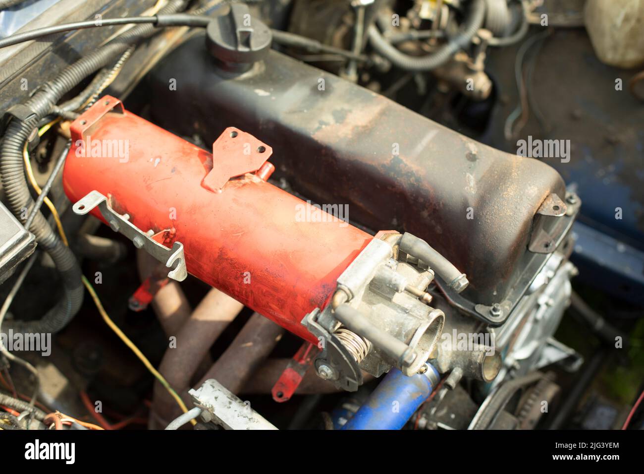 Engine of car. Transport details. Gasoline engine under hood. Sports ...