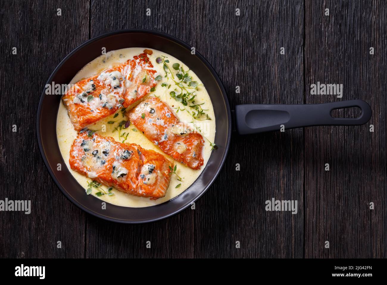 salmon fillet cooked with creamy blue mold cheese sauce in pan on dark ...