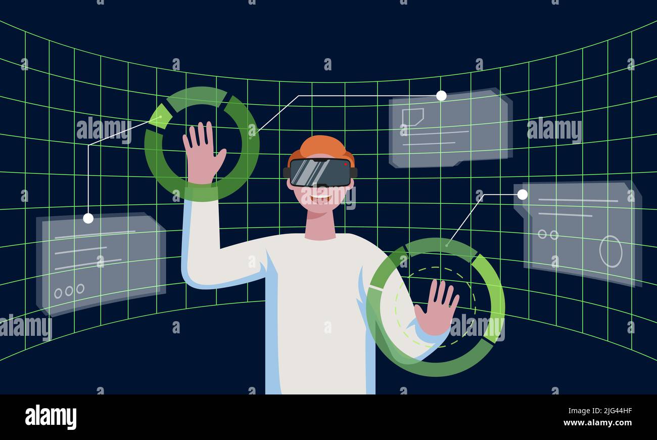 Man with VR helmet connecting to futuristic technology metaverse ...