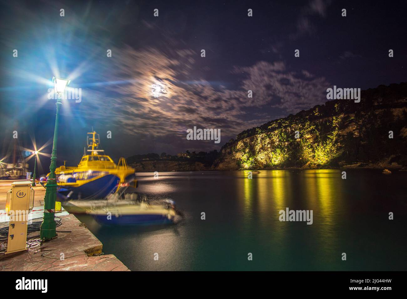 Night view of the beautiful seaside town of Patitiri, in Alonissos ...