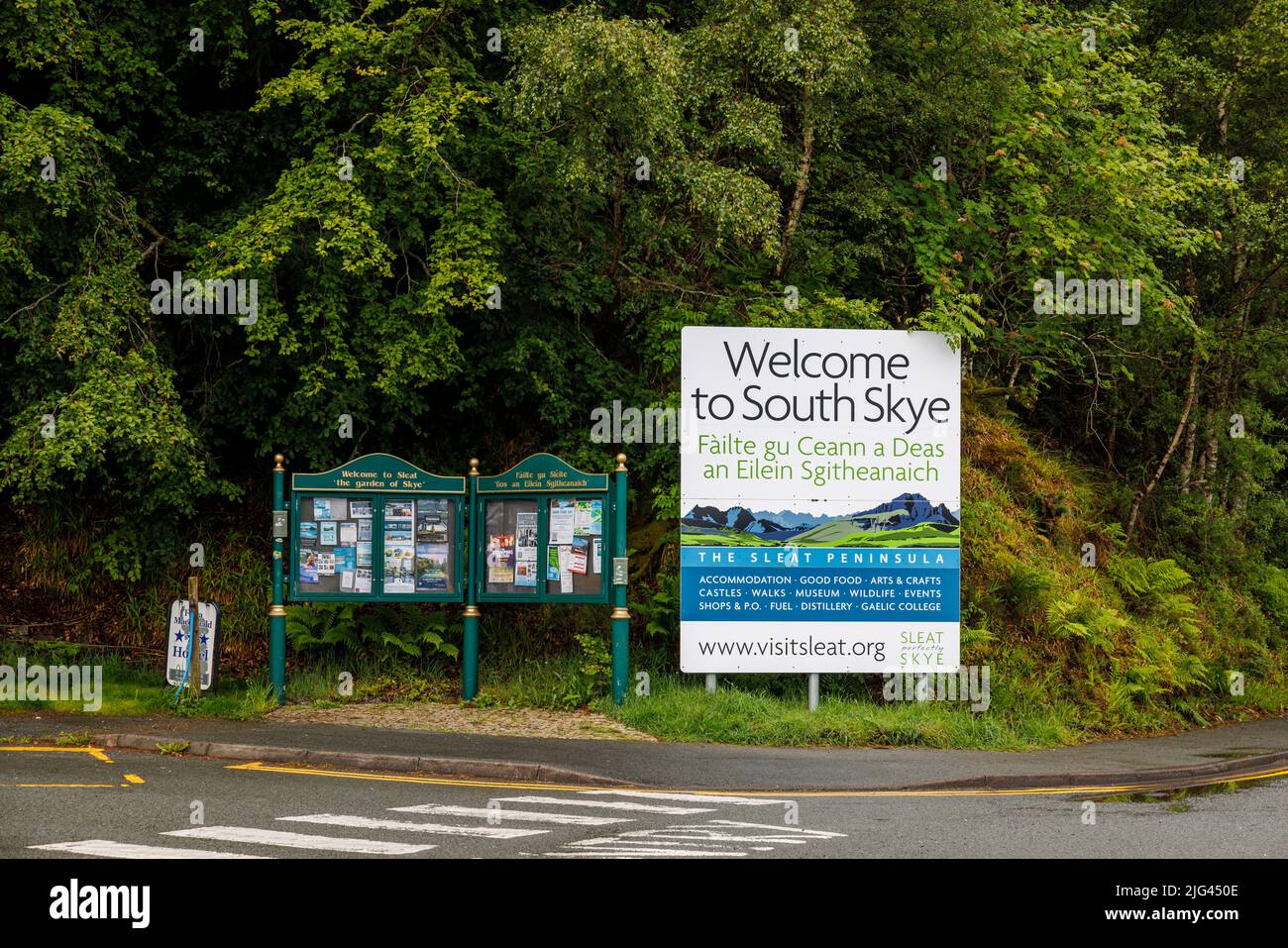 Welcome sign to the Sleat Peninsula, the 'garden of Skye', on the south ...