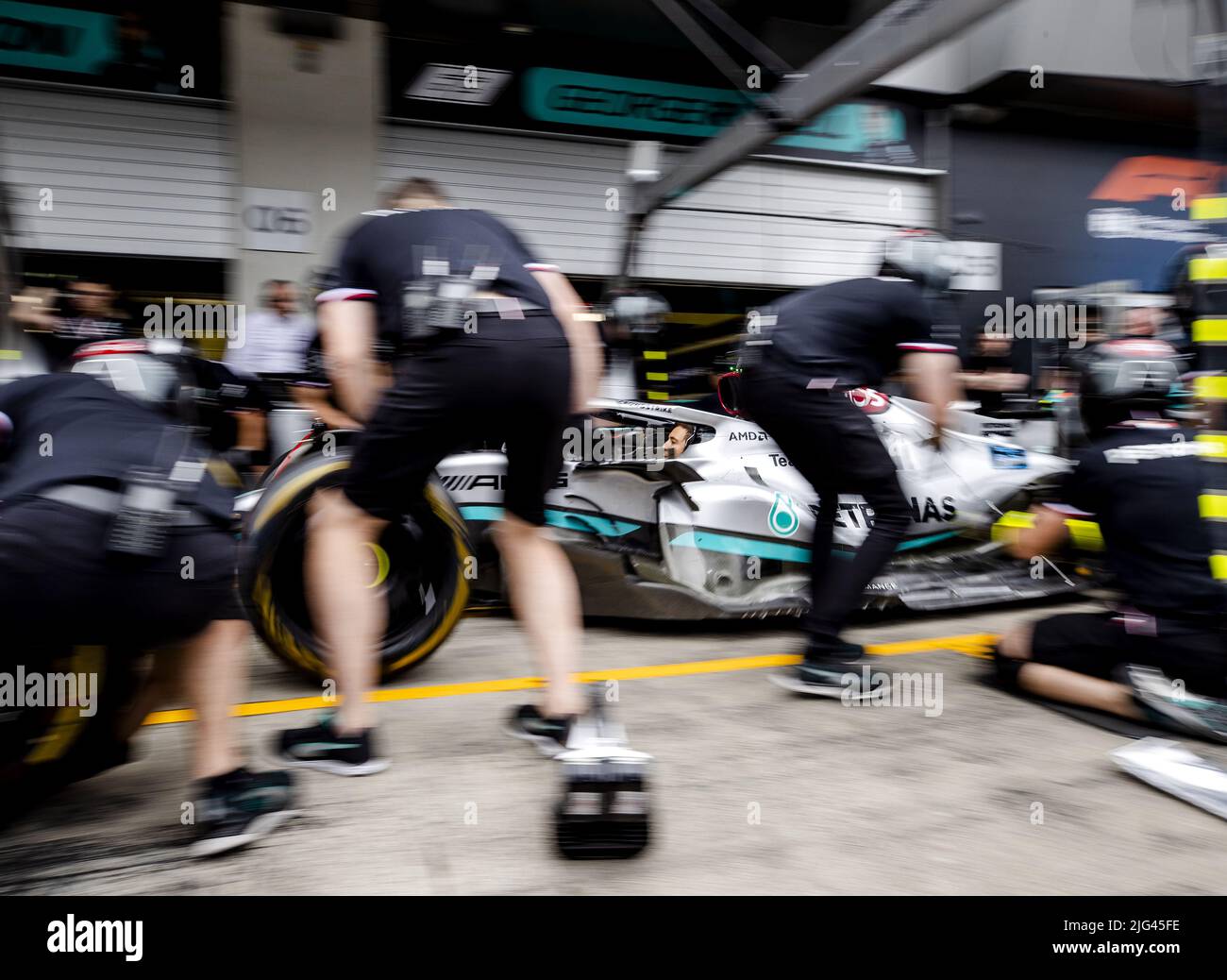 SPIELBERG - Mercedes engineers practice a pit stop in the pit lane on ...