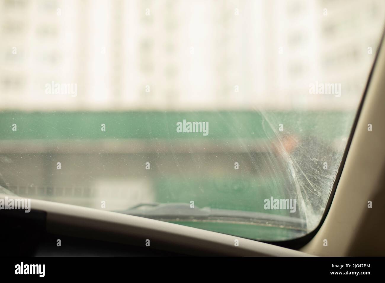 Window in car. Dirty glass in transport. View from interior of car ...