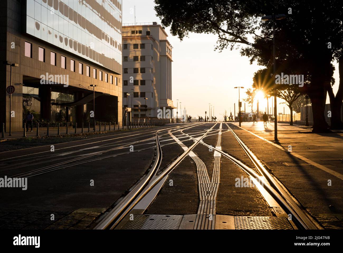 Tram Railway Tracks in Empty City Square by Sunrise Stock Photo - Alamy