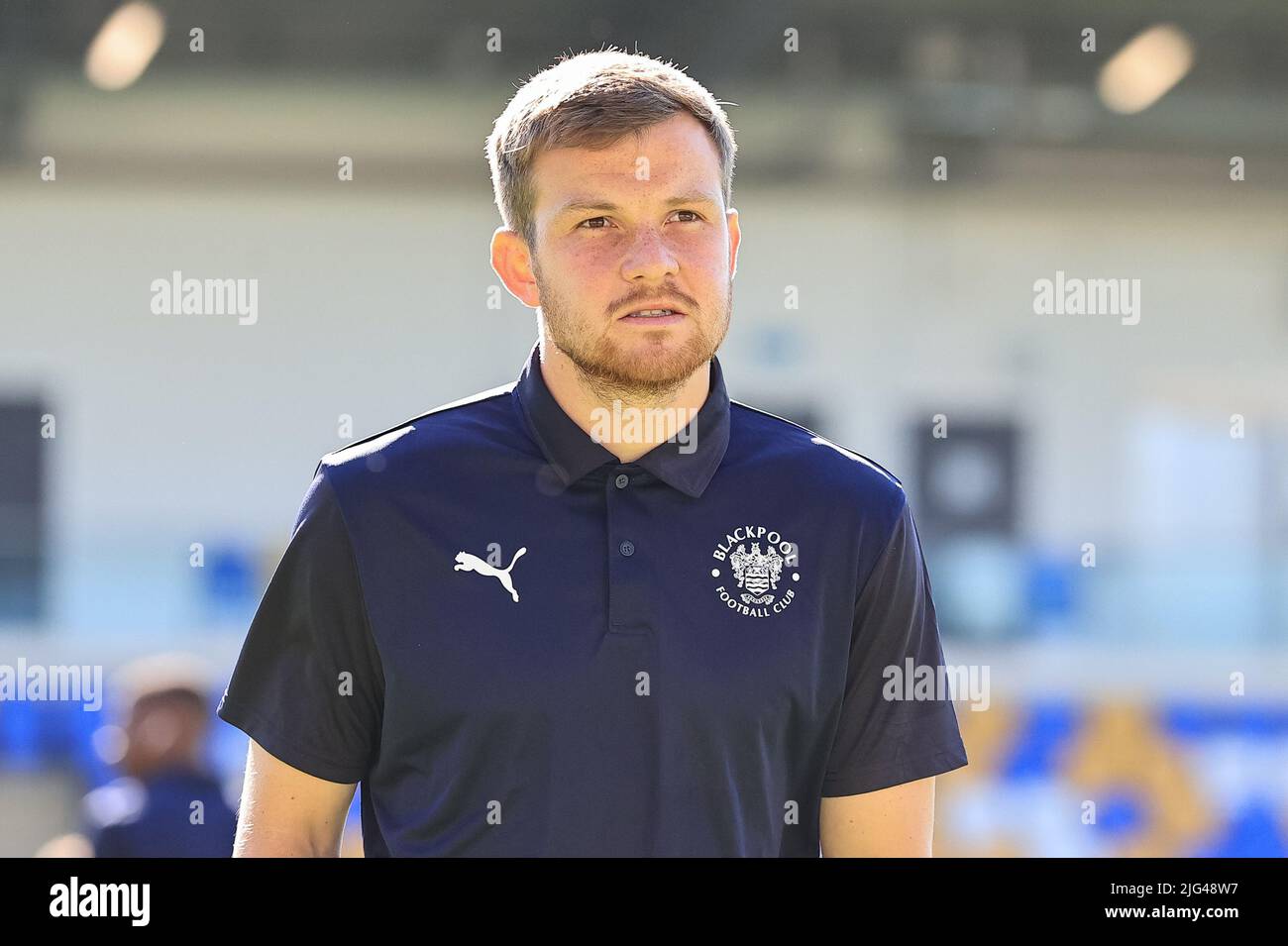 Jordan Thorniley #34 of Blackpool arrives at the LNER Community Stadium ...