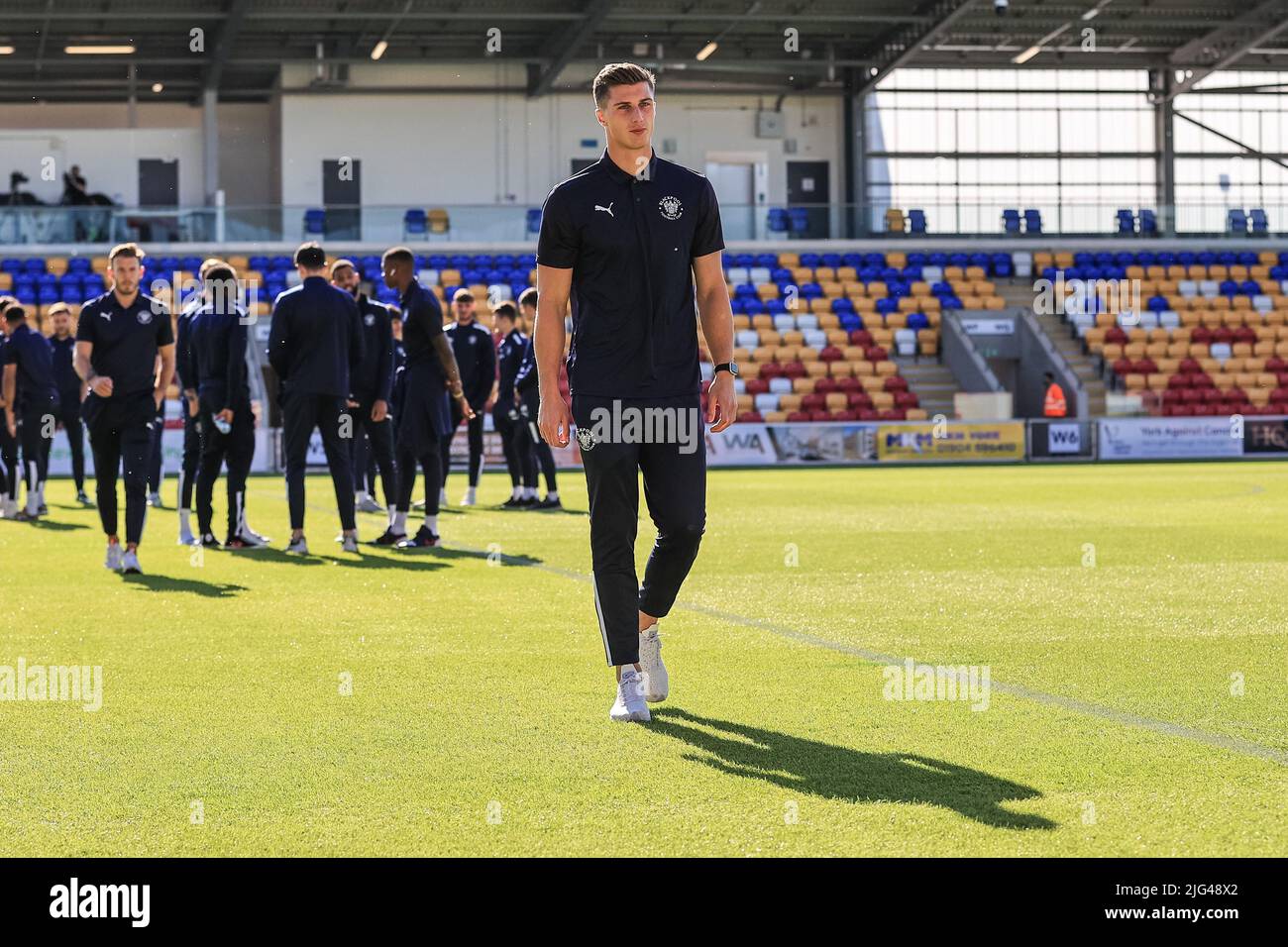 Stuart Moore #13 of Blackpool arrives at the LNER Community Stadium ...