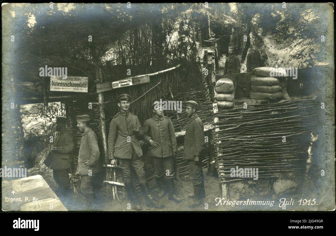 Postcard of soldiers inside trenches, 1915. Soldiers in a command post ...