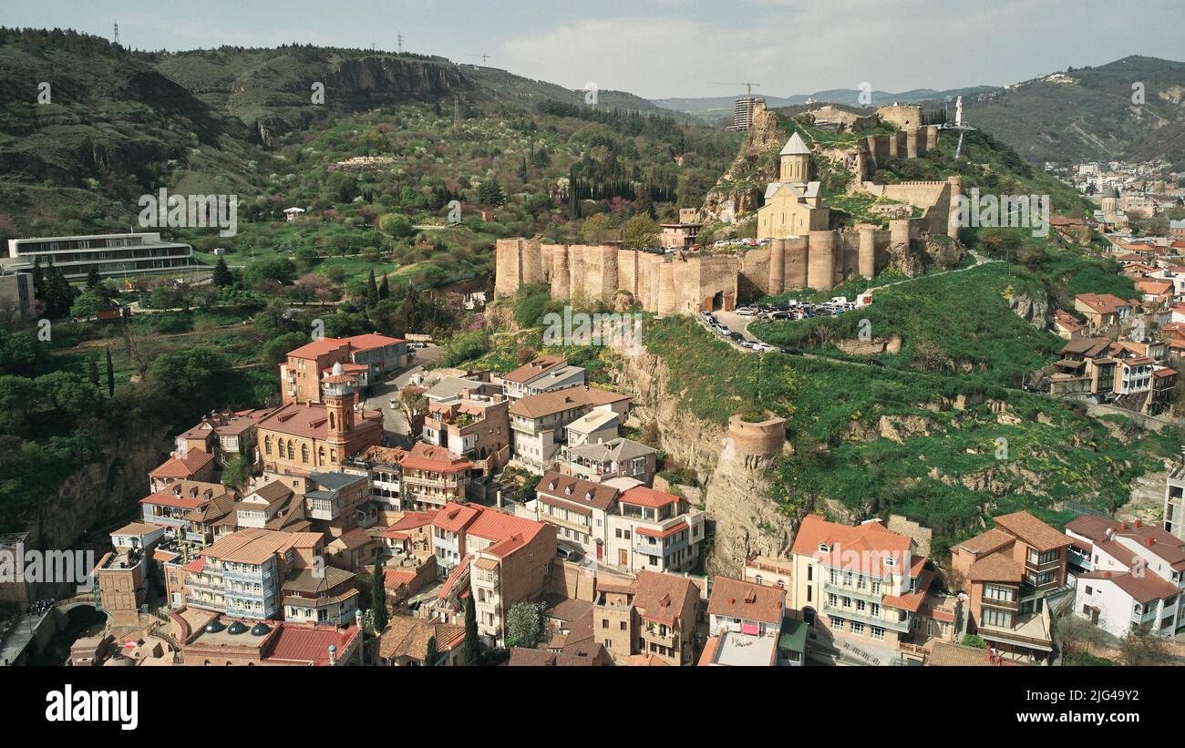 Aerial view of the Narikala fortress and the Church of St. Nicholas ...