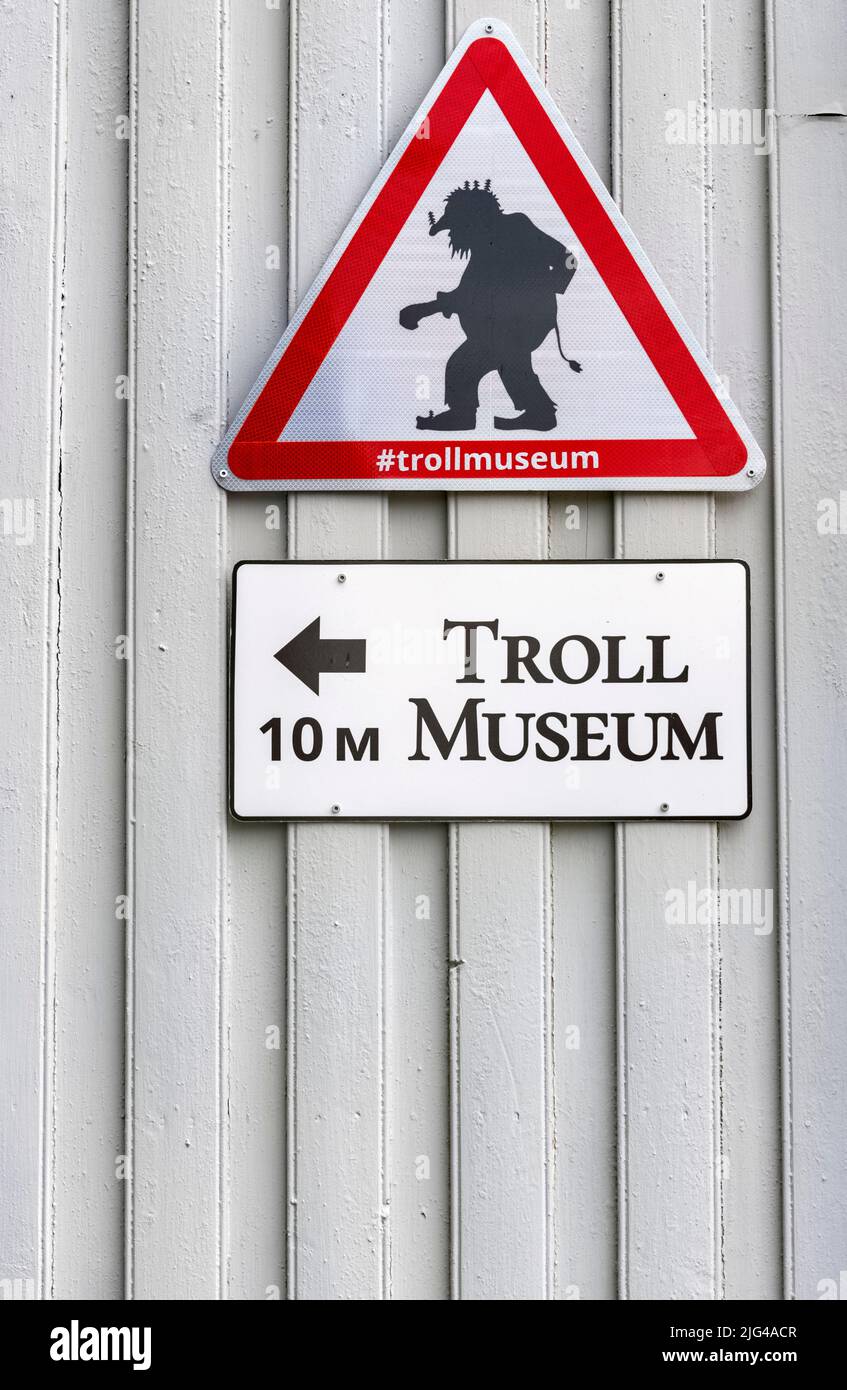 Warning sign for Troll Museum, Tromso, Norway Stock Photo - Alamy