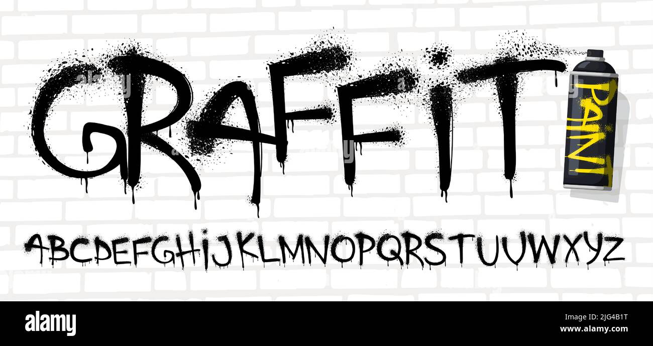 Spray graffiti font. Urban wall tagging lettering, street art text with ...