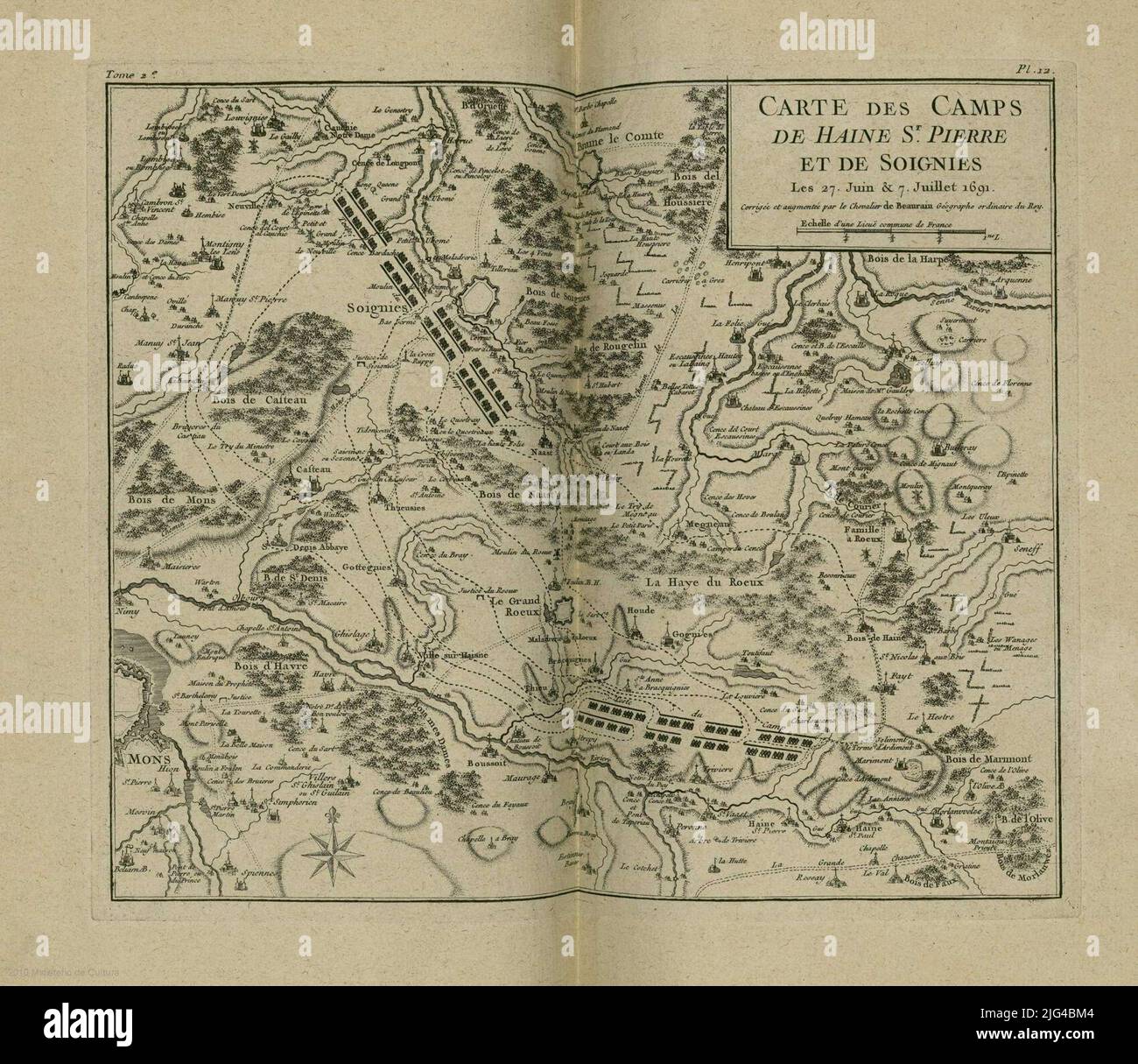 Map of Haine St. Pierre and Soignies camps on June 27 and July 7, 1691 ...