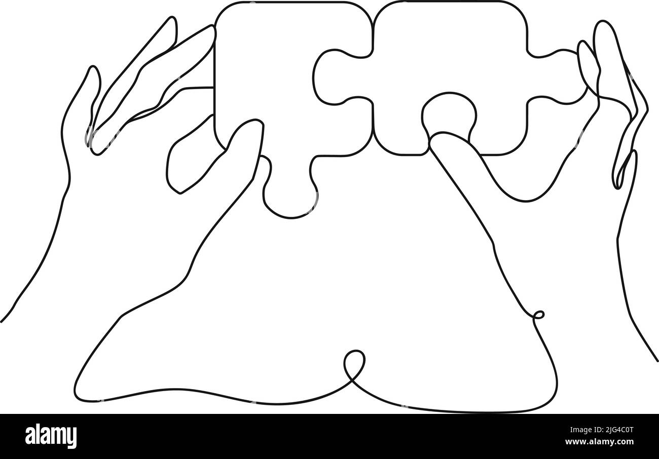 Solving puzzle. Human hands connecting jigsaw pieces, find solution ...