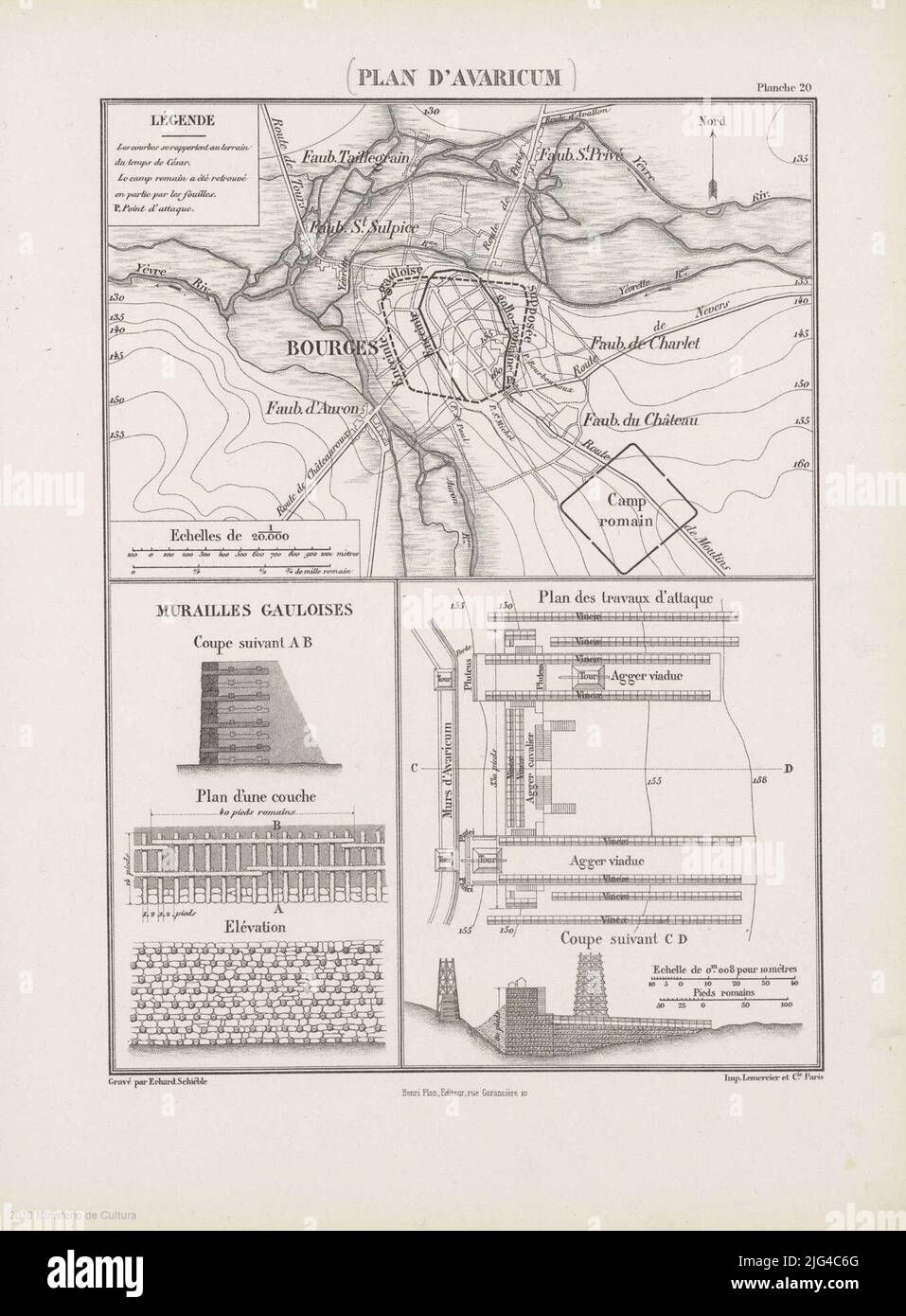 Plan d'avaricum. Graphic scale also in 'Mécres' and 'Milles Romains ...