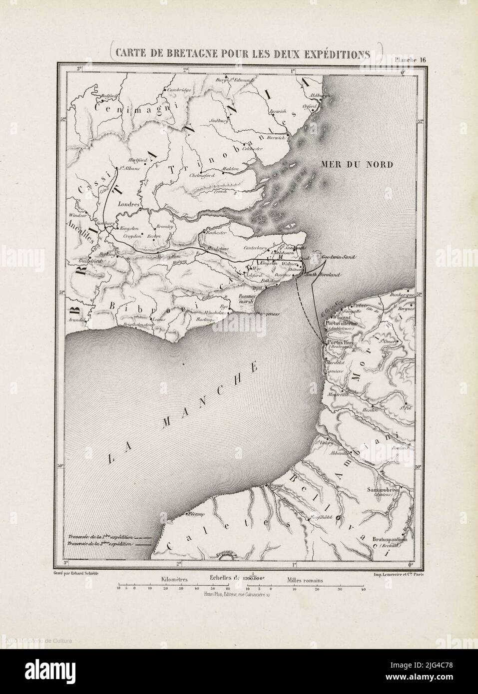 Brittany map for the two expeditions. Graphic scale also in 'kilometers ...