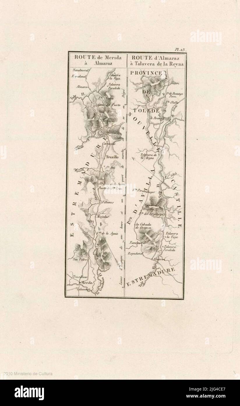 Merida route in Almaraz: [Itineraires' card]. Oriented with a relief ...