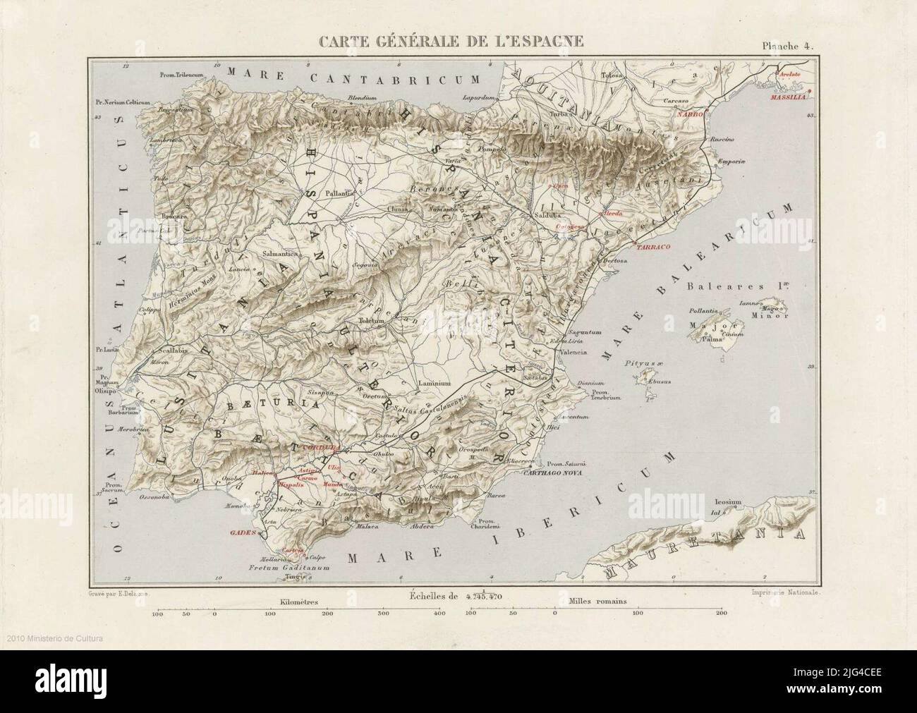 General map of Spain. Graphic scale also in 'kilometers' and 'Miles ...