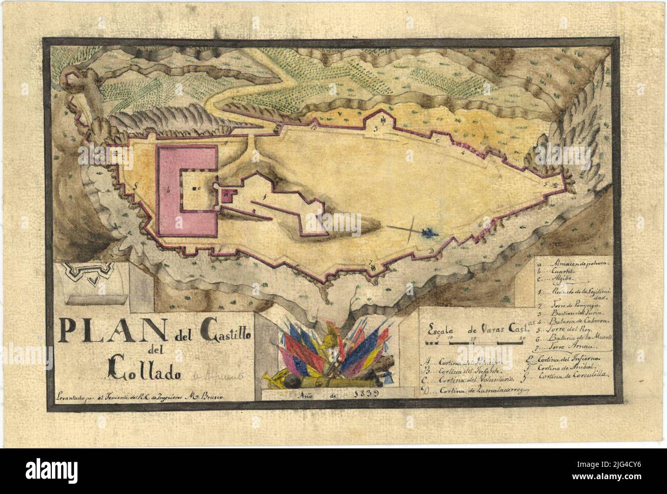 Collado Castle Plan. Handwritten manuscript in black ink and colored ...