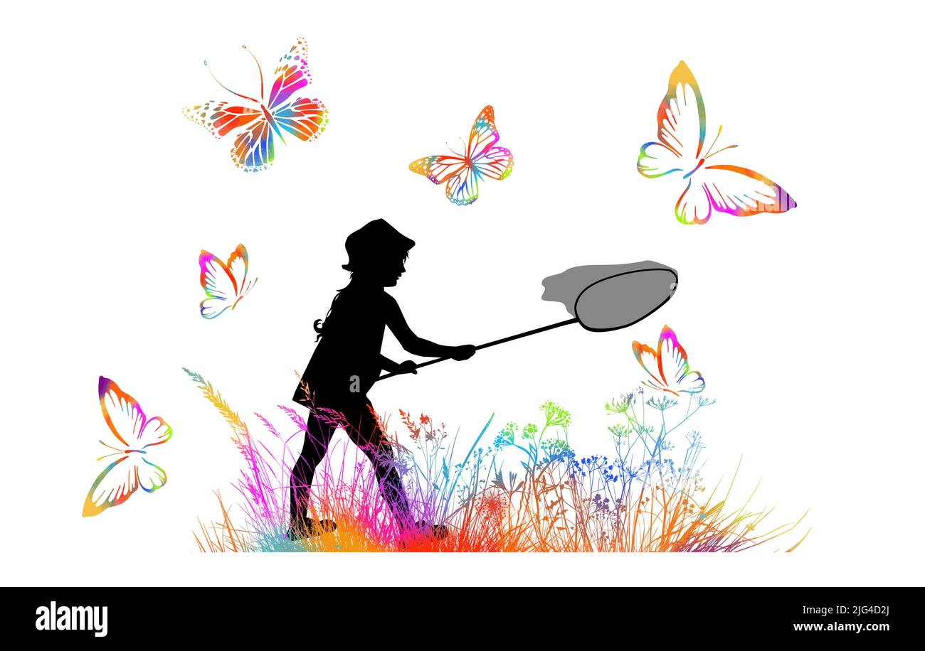 Silhouette of a girl catching butterflies. Vector illustration Stock ...