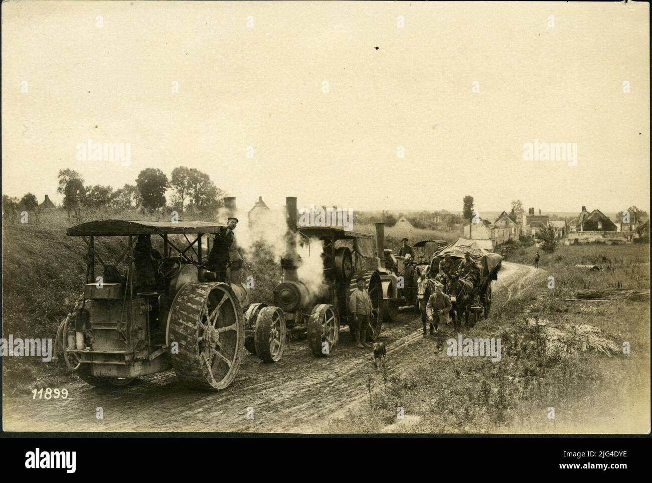 From the German retreat. Captured English steam rollers are transported ...