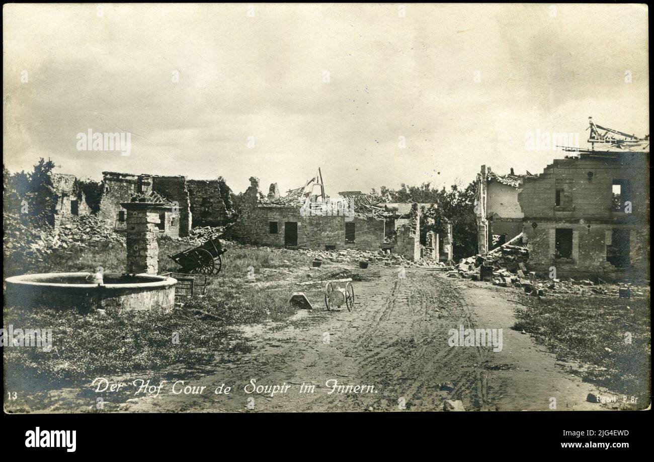 Postcard of a population in ruins, 1916. View of the square of a town ...