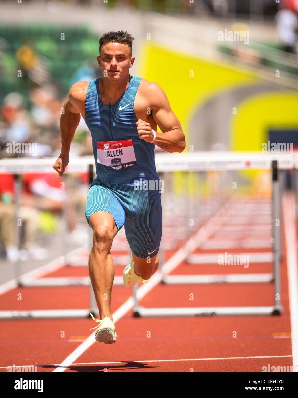 Eugene, United States. 25th June, 2022. Devon Allen charges towards the ...