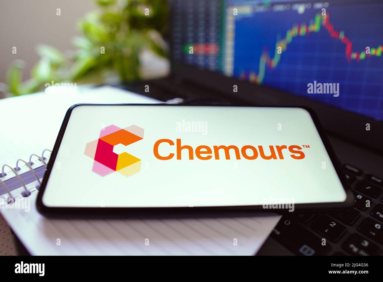 In this photo illustration, the Chemours Company logo is seen displayed ...