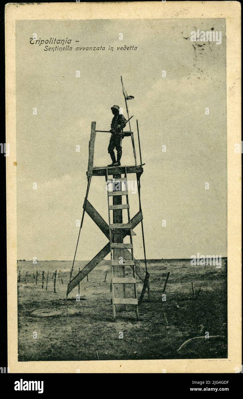 Sentinel postcard in Tripolitania, 1912. Italian sentinel on a rough ...