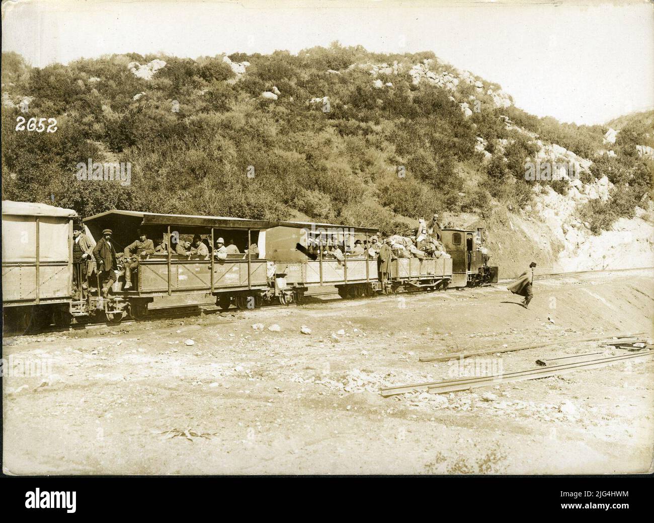 Turkey in the world war. Turkish soldiers on the way in a small railway ...