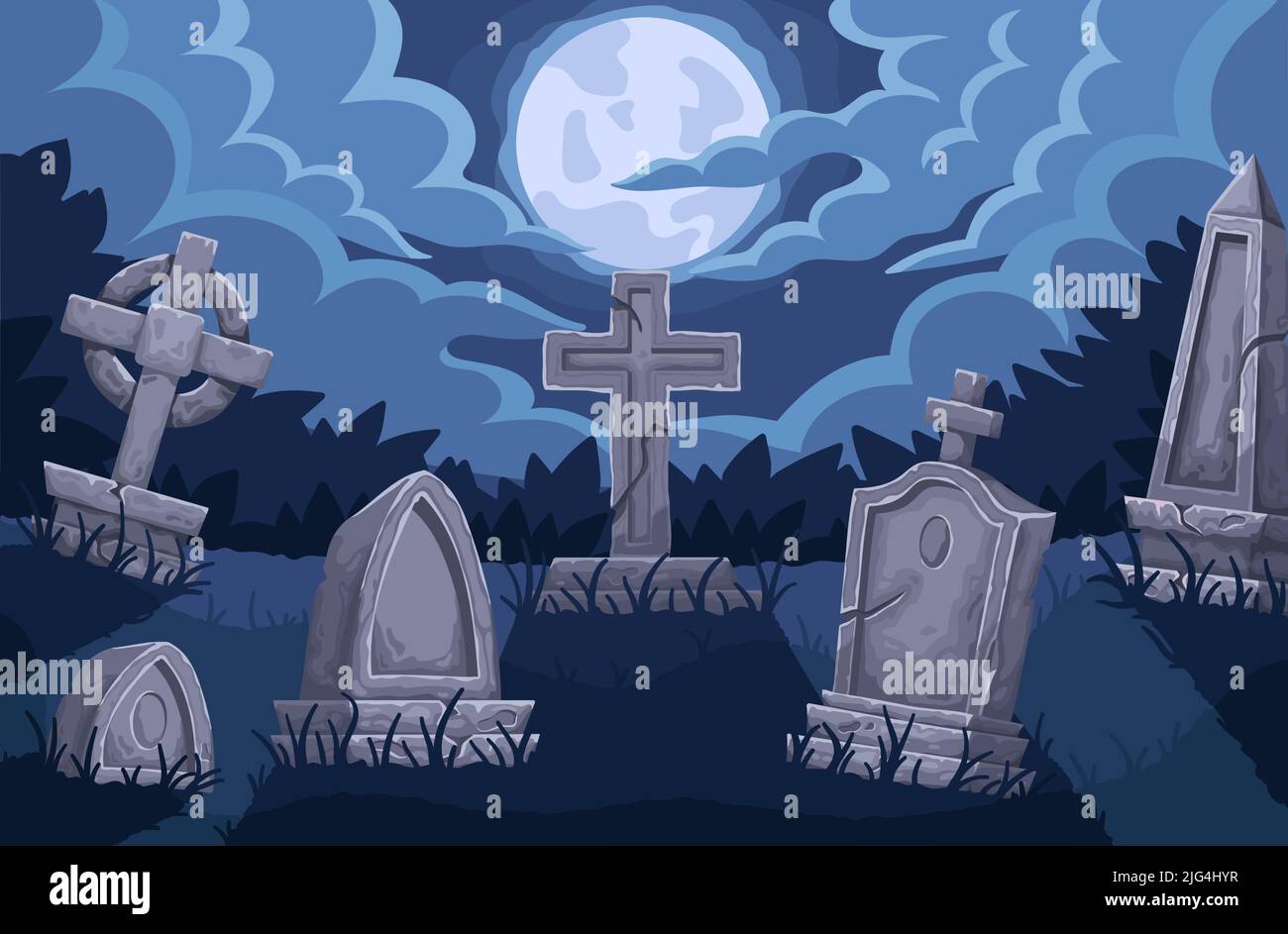 Full moon over graveyard. Spooky halloween night among the graves ...
