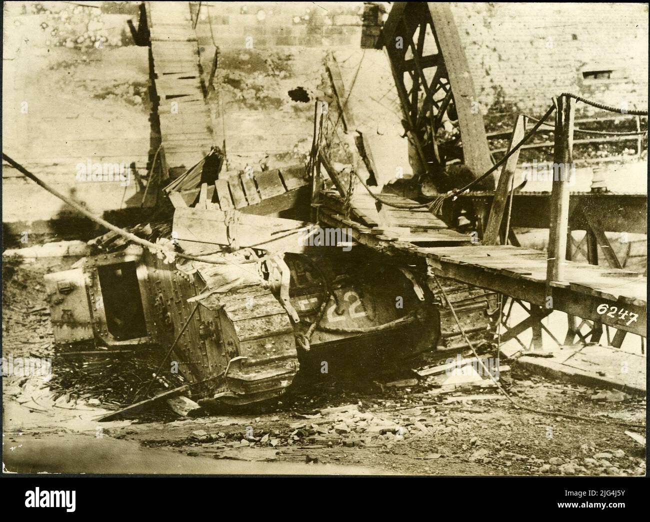 The lost tank battle of the English at Cambrai. A English tank that has ...