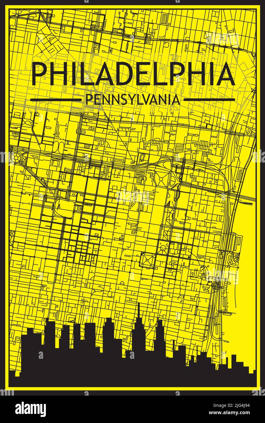 Golden printout city poster with panoramic skyline and hand-drawn ...