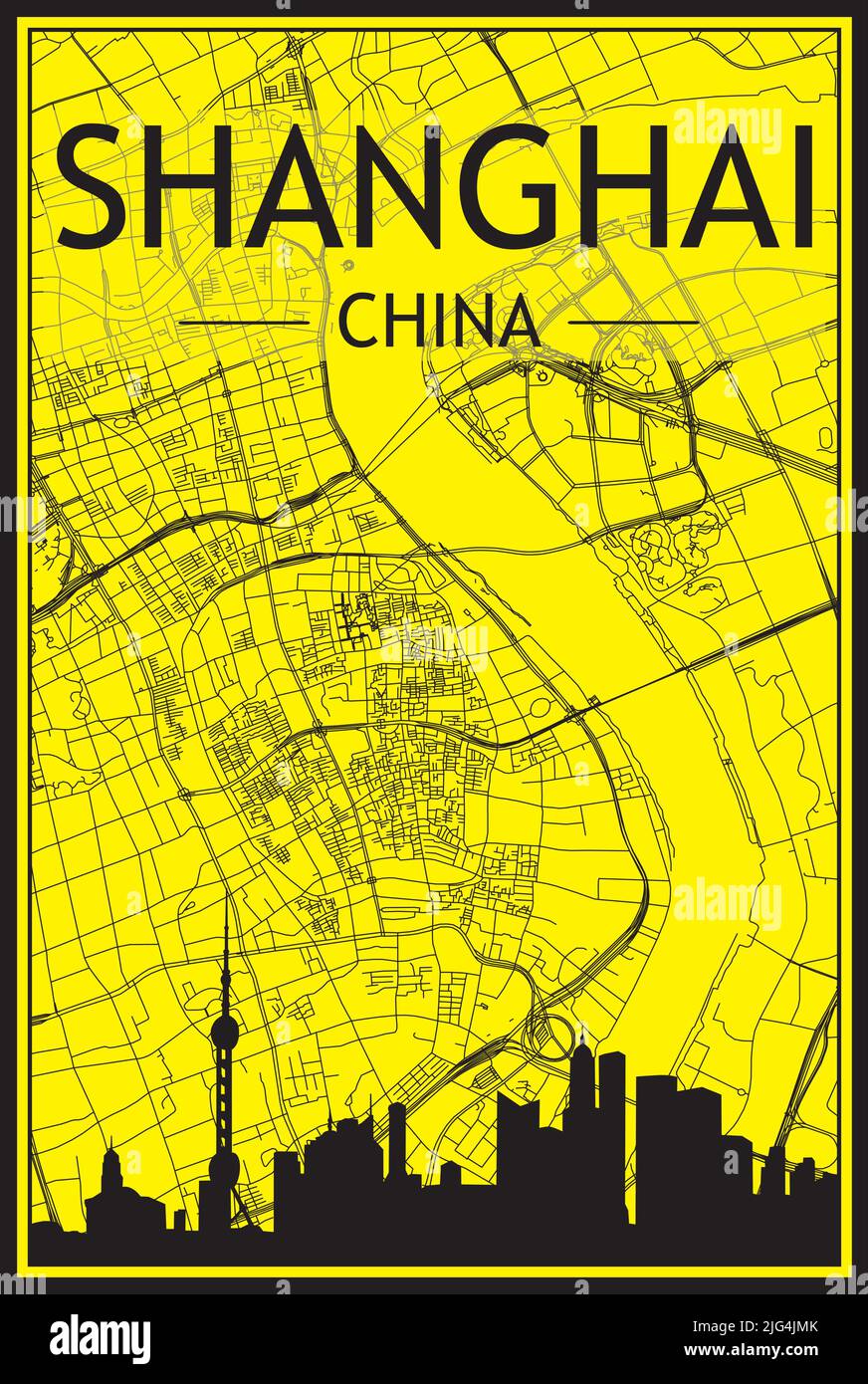 Golden printout city poster with panoramic skyline and hand-drawn ...