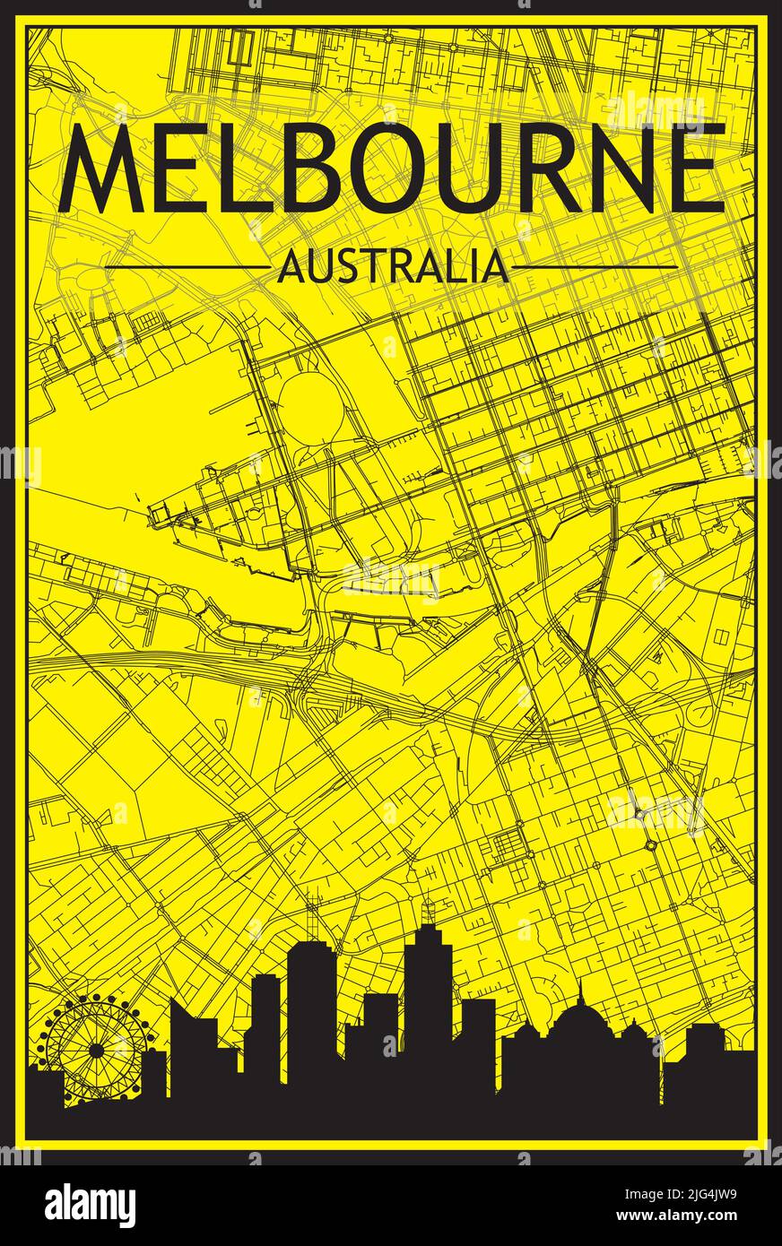 Golden printout city poster with panoramic skyline and hand-drawn ...