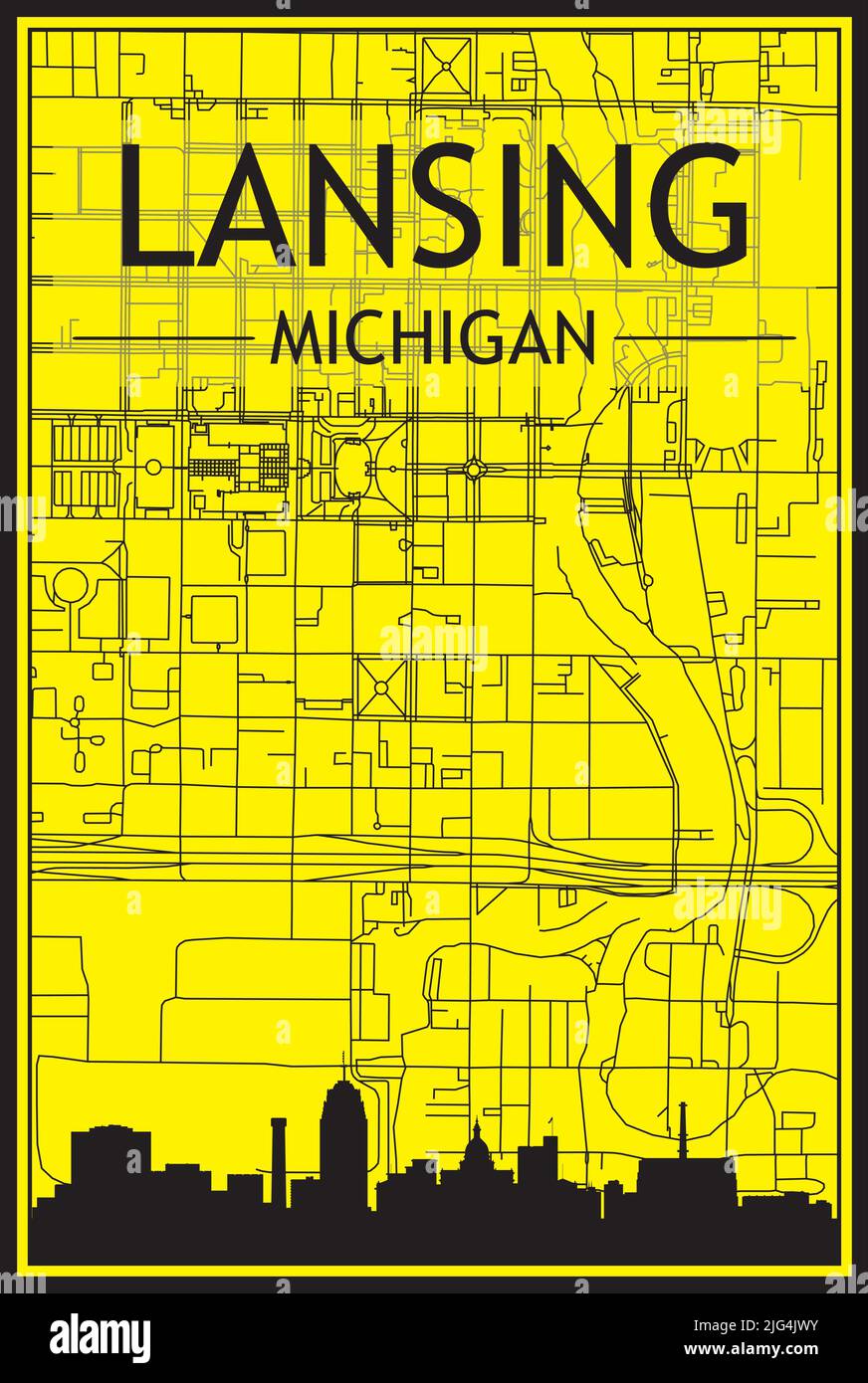 Golden printout city poster with panoramic skyline and hand-drawn ...