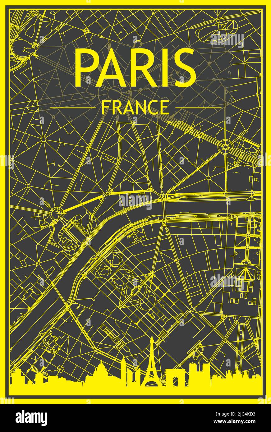 Yellow printout city poster with panoramic skyline and hand-drawn ...