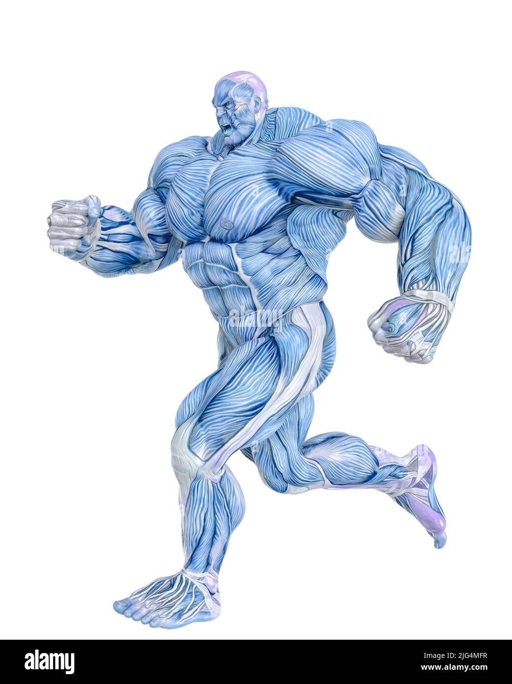 muscle maps of a strong man running on side view. This guy in clipping ...