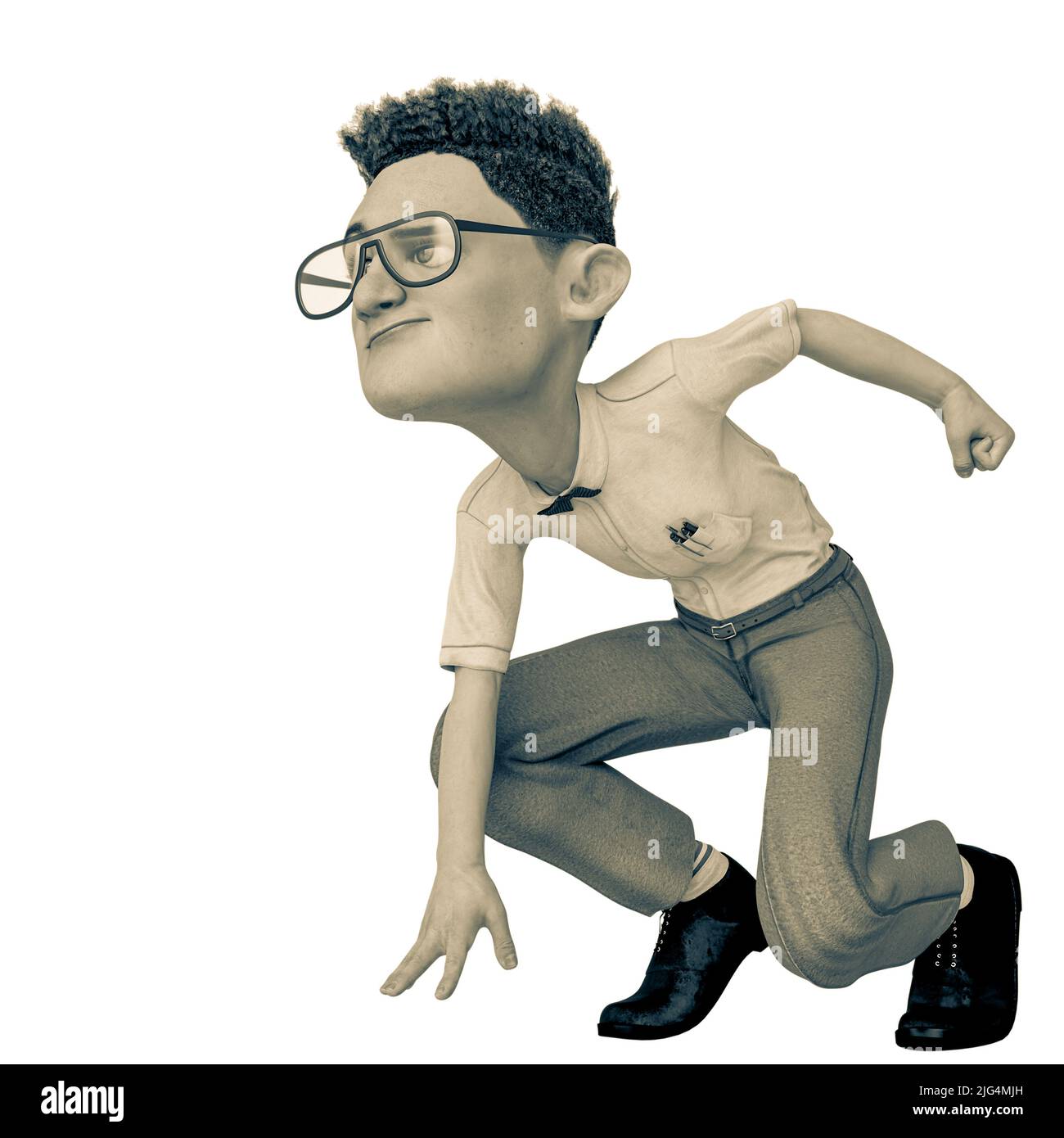 nerd cartoon getting ready for running. This smart boy in clipping path ...