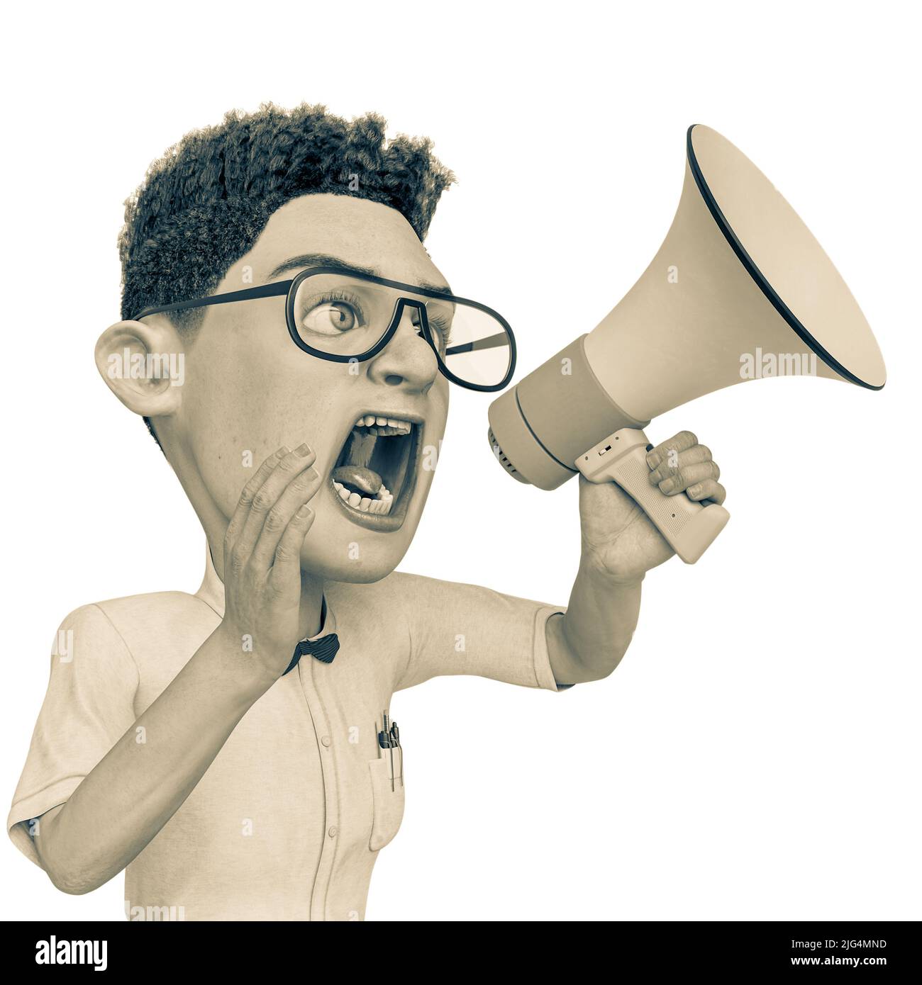 nerd cartoon protesting and shouting through megaphone close up. This ...