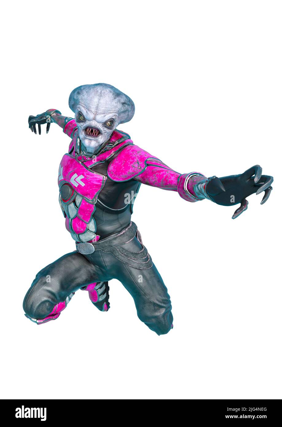 official alien on a sci-fi outfit jump attack in a white background ...