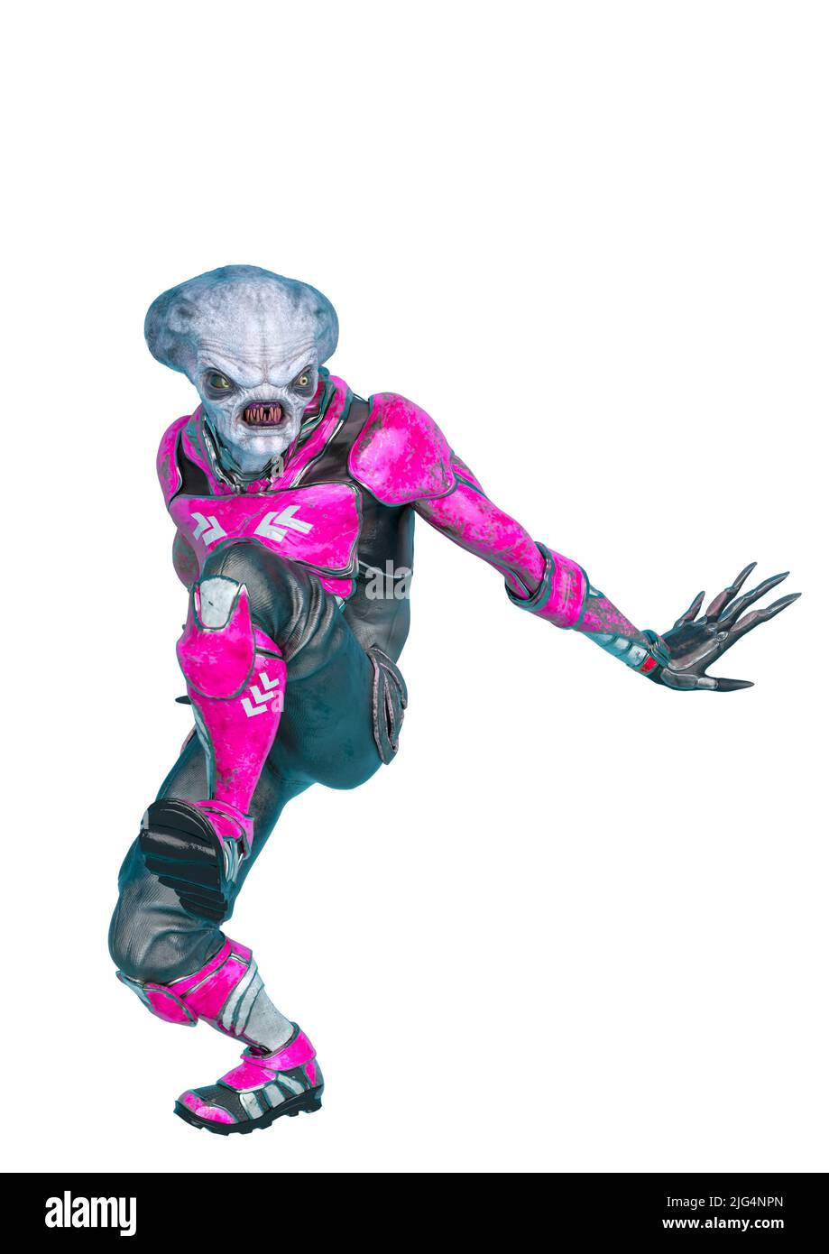 official alien on a sci-fi outfit walking slow in a white background ...