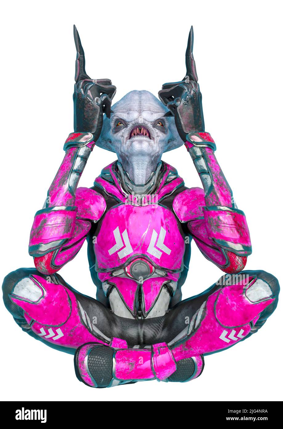 official alien on a sci-fi outfit doing a deep meditation in a white ...